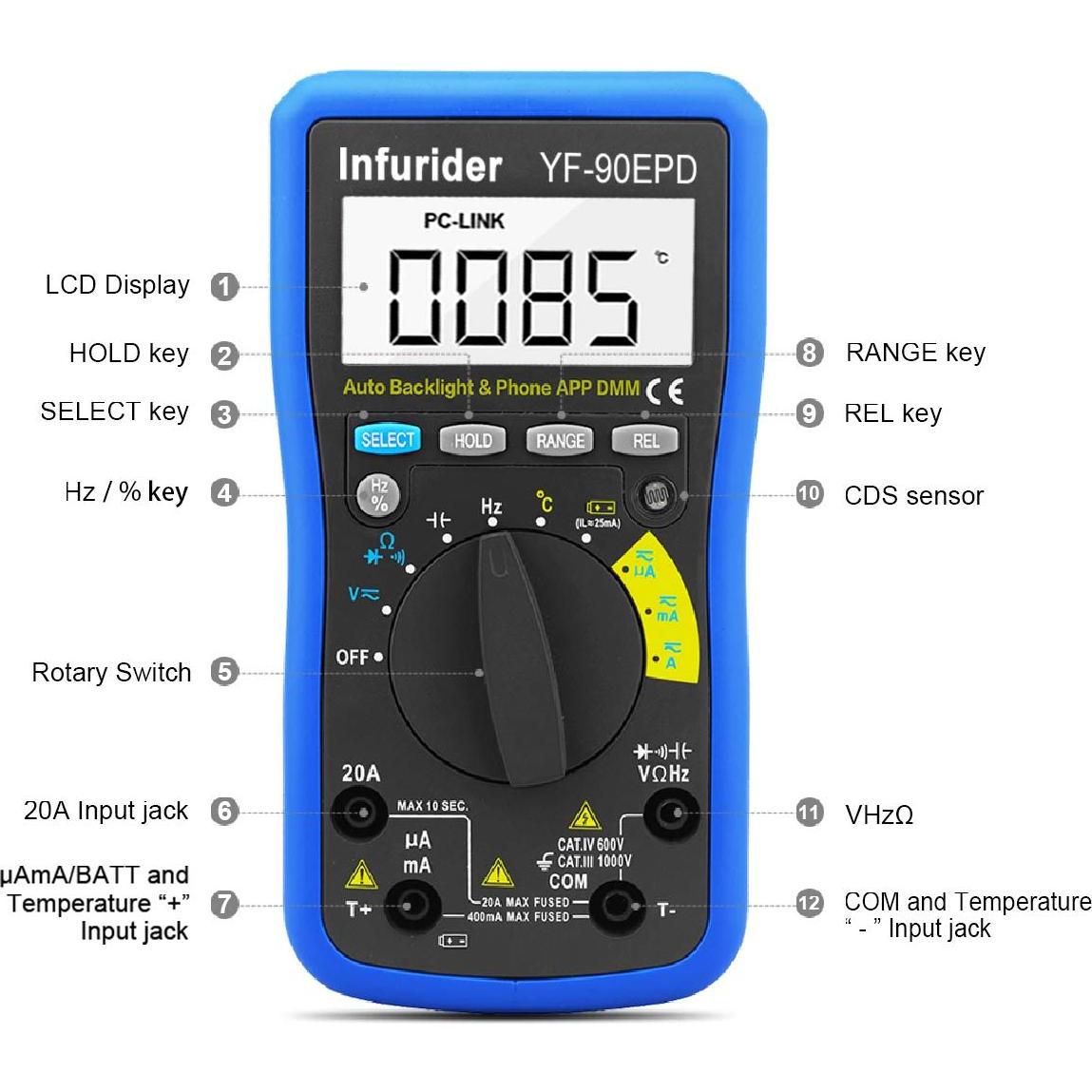 Infurider Digitales Bluetooth-Multimeter YF-90EPD (Auto-Range) - Digitec